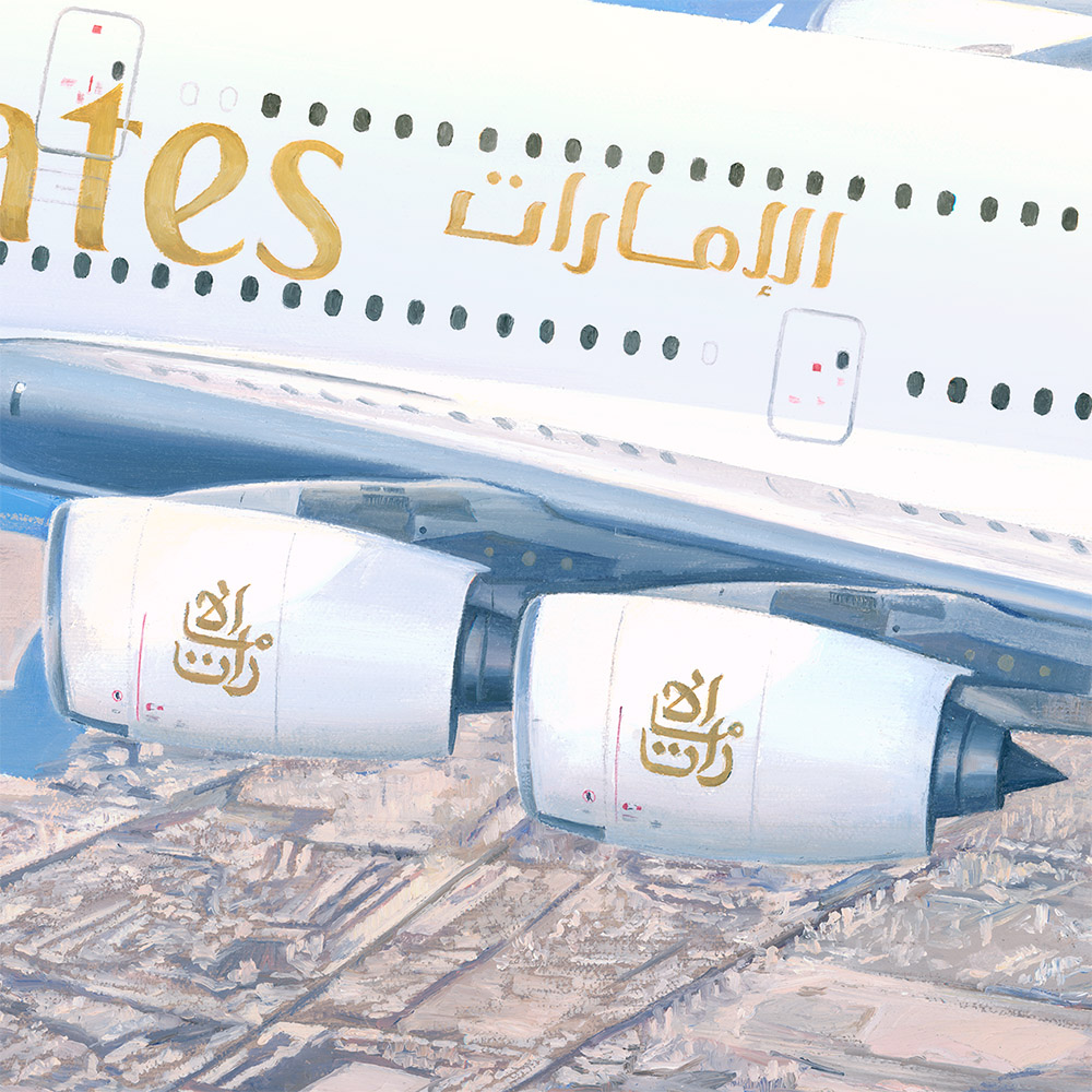 Emirates A380-800 over Dubai (Burj Khalifa) | Airliner.Art