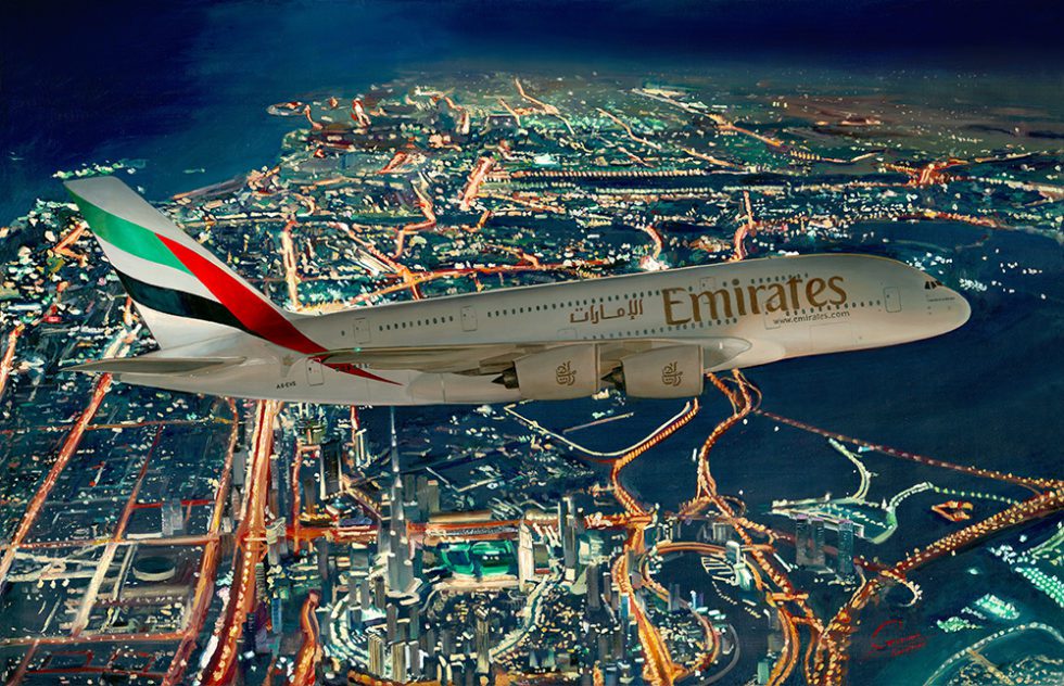 Emirates Airbus A380-800 over Dubai at Night | Airliner.Art
